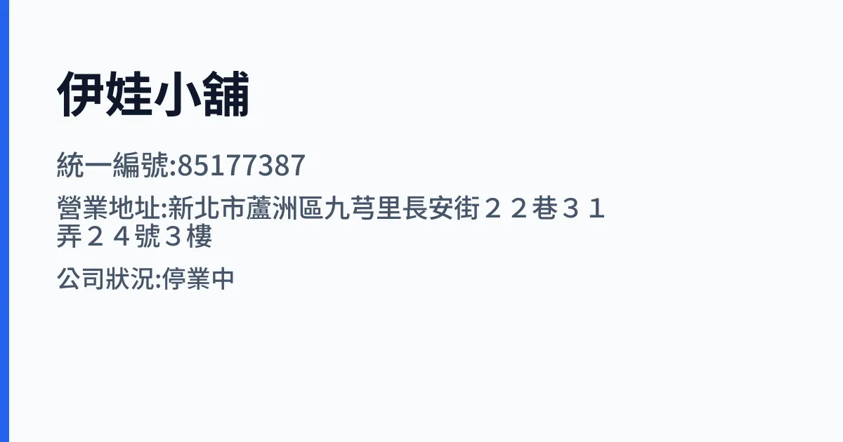 伊娃小舖 - 統編 85177387(新北市) 公司登記資料與營業項目詳細圖表