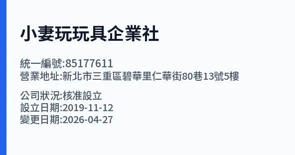 小妻玩玩具企業社的照片-統編 85177611(新北市) 公司登記資料與營業項目詳細圖表