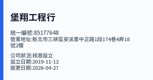 堡翔工程行的照片-統編 85177648(新北市) 公司登記資料與營業項目詳細圖表
