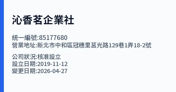 沁香茗企業社的照片-統編 85177680(新北市) 公司登記資料與營業項目詳細圖表