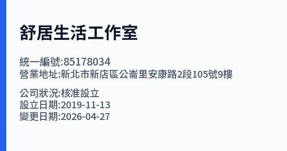 舒居生活工作室的照片-統編 85178034(新北市) 公司登記資料與營業項目詳細圖表