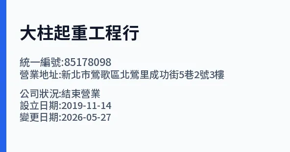 大柱起重工程行的照片-統編 85178098(新北市) 公司登記資料與營業項目詳細圖表