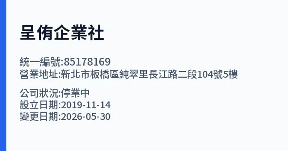 呈侑企業社的照片-統編 85178169(新北市) 公司登記資料與營業項目詳細圖表