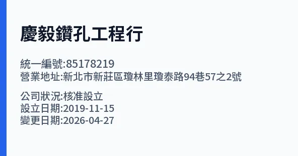慶毅鑽孔工程行的照片-統編 85178219(新北市) 公司登記資料與營業項目詳細圖表