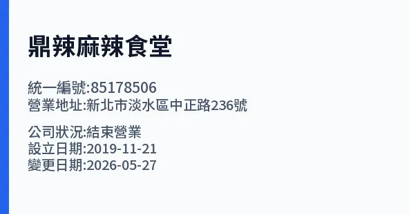 鼎辣麻辣食堂的照片-統編 85178506(新北市) 公司登記資料與營業項目詳細圖表