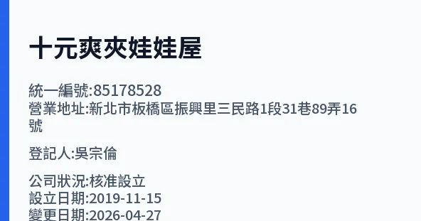 十元爽夾娃娃屋的照片-統編 85178528(新北市) 公司登記資料與營業項目詳細圖表