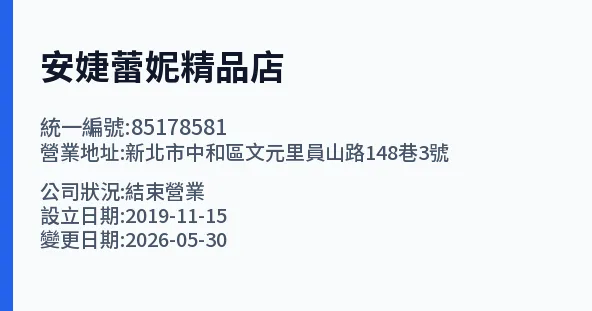 安婕蕾妮精品店的照片-統編 85178581(新北市) 公司登記資料與營業項目詳細圖表