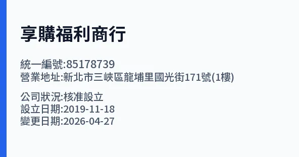 享購福利商行的照片-統編 85178739(新北市) 公司登記資料與營業項目詳細圖表