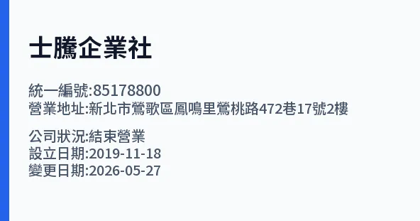 士騰企業社的照片-統編 85178800(新北市) 公司登記資料與營業項目詳細圖表