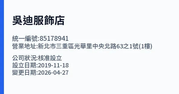 吳迪服飾店的照片-統編 85178941(新北市) 公司登記資料與營業項目詳細圖表