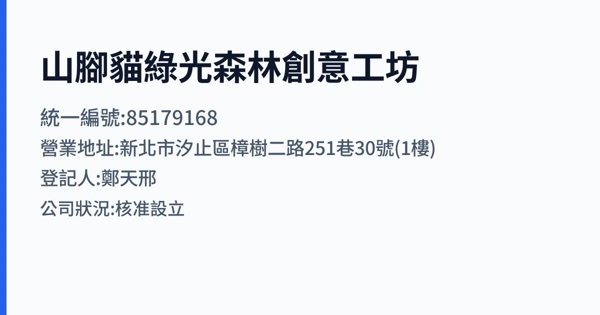 山腳貓綠光森林創意工坊 - 統編 85179168(新北市) 公司登記資料與營業項目詳細圖表