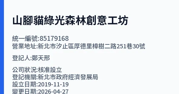 山腳貓綠光森林創意工坊的照片-統編 85179168(新北市) 公司登記資料與營業項目詳細圖表