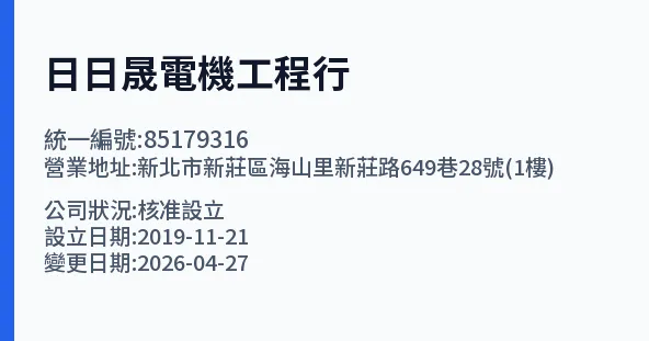 日日晟電機工程行的照片-統編 85179316(新北市) 公司登記資料與營業項目詳細圖表
