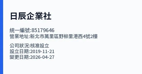 日辰企業社的照片-統編 85179646(新北市) 公司登記資料與營業項目詳細圖表