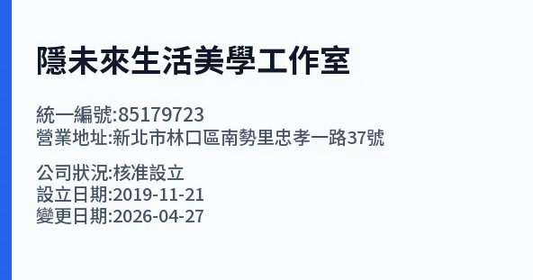 隱未來生活美學工作室的照片-統編 85179723(新北市) 公司登記資料與營業項目詳細圖表