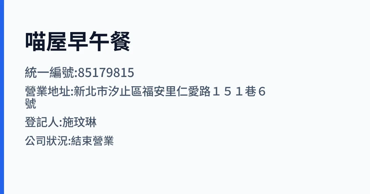 喵屋早午餐 - 統編 85179815(新北市) 公司登記資料與營業項目詳細圖表