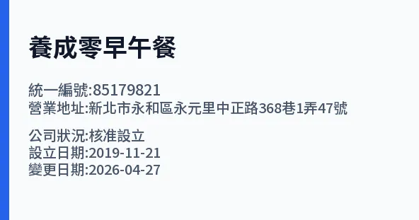 養成零早午餐的照片-統編 85179821(新北市) 公司登記資料與營業項目詳細圖表