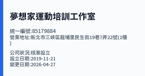 夢想家運動培訓工作室的照片-統編 85179884(新北市) 公司登記資料與營業項目詳細圖表