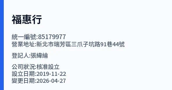 福惠行的照片-統編 85179977(新北市) 公司登記資料與營業項目詳細圖表