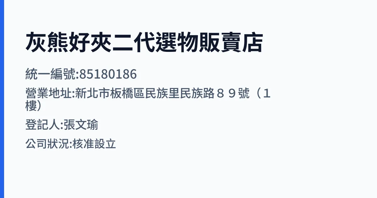 灰熊好夾二代選物販賣店 - 統編 85180186(新北市) 公司登記資料與營業項目詳細圖表