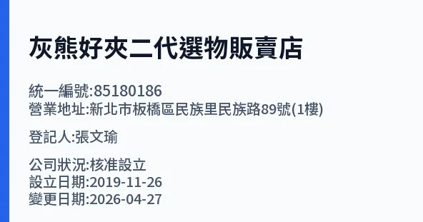 灰熊好夾二代選物販賣店的照片-統編 85180186(新北市) 公司登記資料與營業項目詳細圖表