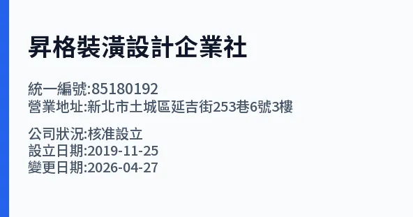 昇格裝潢設計企業社的照片-統編 85180192(新北市) 公司登記資料與營業項目詳細圖表