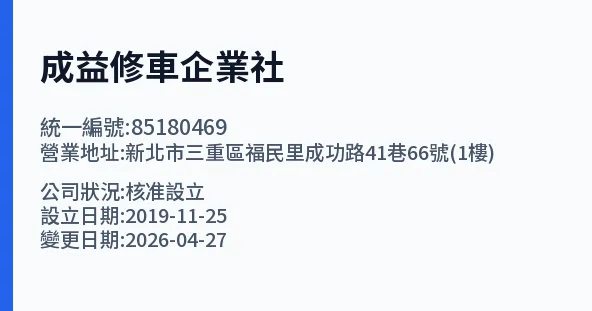 成益修車企業社的照片-統編 85180469(新北市) 公司登記資料與營業項目詳細圖表