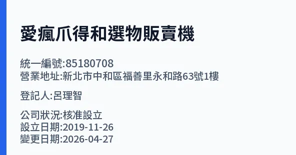 愛瘋爪得和選物販賣機的照片-統編 85180708(新北市) 公司登記資料與營業項目詳細圖表