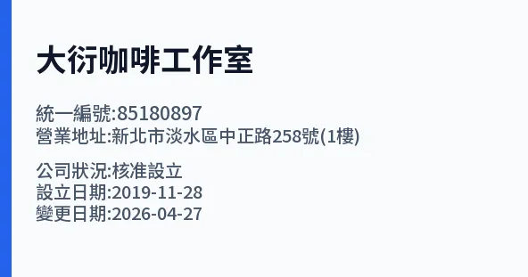 大衍咖啡工作室的照片-統編 85180897(新北市) 公司登記資料與營業項目詳細圖表