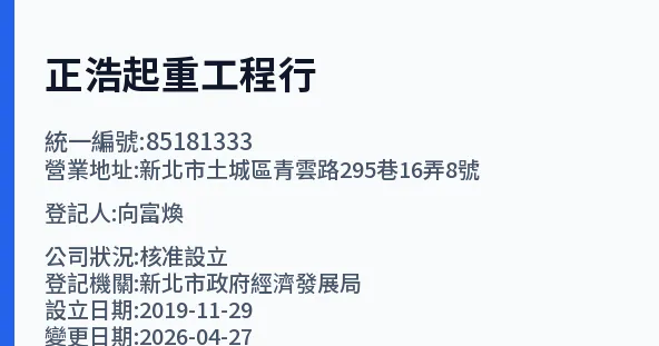 正浩起重工程行的照片-統編 85181333(新北市) 公司登記資料與營業項目詳細圖表