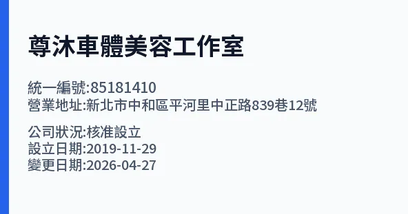 尊沐車體美容工作室的照片-統編 85181410(新北市) 公司登記資料與營業項目詳細圖表