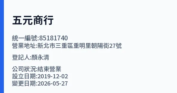 五元商行的照片-統編 85181740(新北市) 公司登記資料與營業項目詳細圖表