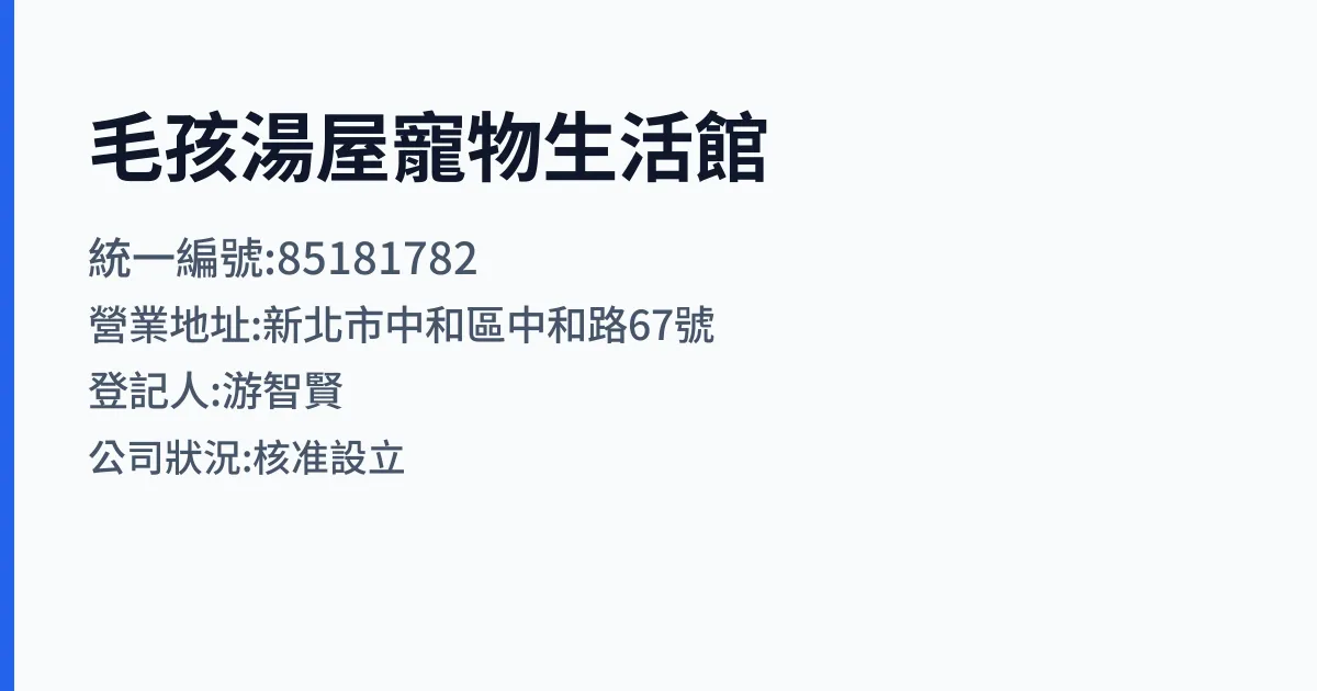 毛孩湯屋寵物生活館 - 統編 85181782(新北市) 公司登記資料與營業項目詳細圖表