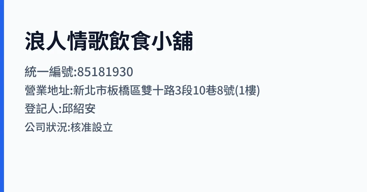 浪人情歌飲食小舖 - 統編 85181930(新北市) 公司登記資料與營業項目詳細圖表