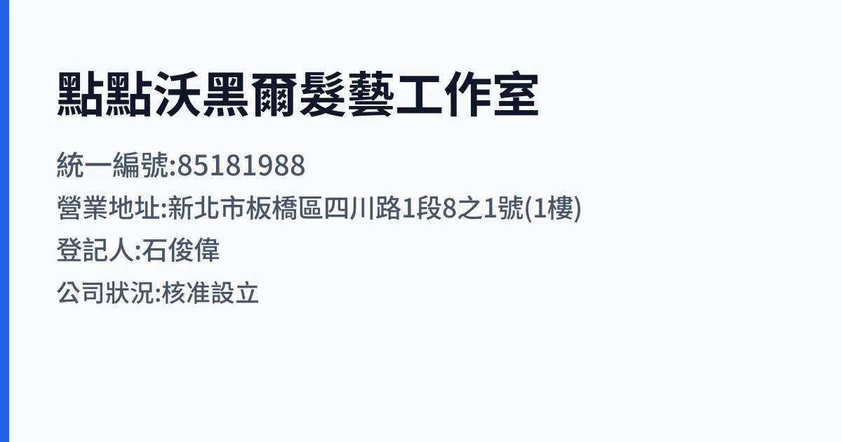 點點沃黑爾髮藝工作室 - 統編 85181988(新北市) 公司登記資料與營業項目詳細圖表