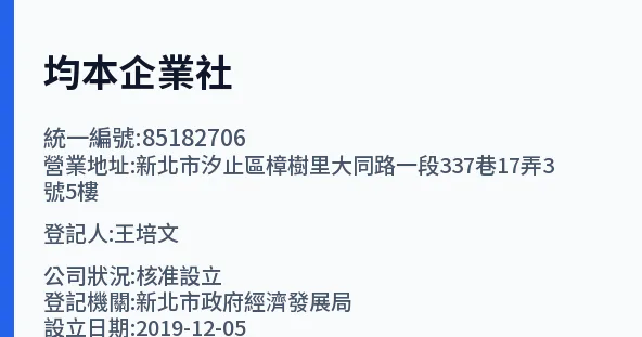 均本企業社的照片-統編 85182706(新北市) 公司登記資料與營業項目詳細圖表