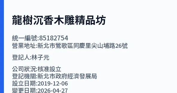 龍樹沉香木雕精品坊的照片-統編 85182754(新北市) 公司登記資料與營業項目詳細圖表