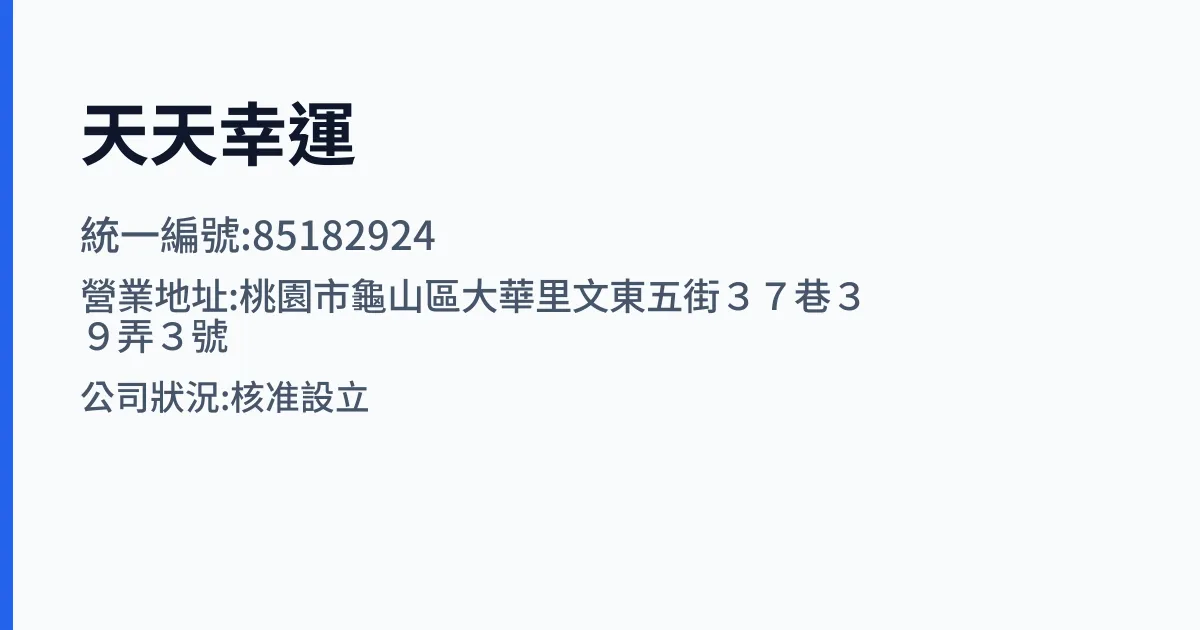 天天幸運 - 統編 85182924(桃園市) 公司登記資料與營業項目詳細圖表