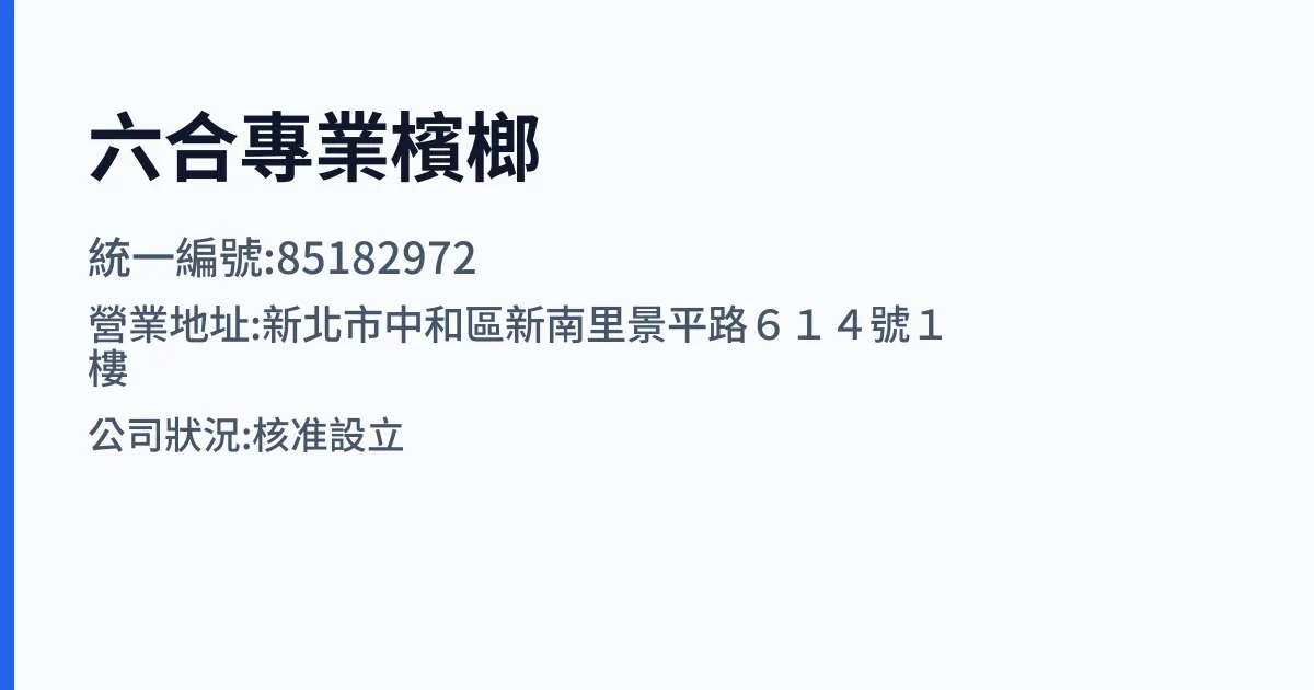 六合專業檳榔 - 統編 85182972(新北市) 公司登記資料與營業項目詳細圖表