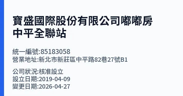 寶盛國際股份有限公司嘟嘟房中平全聯站的照片-統編 85183058(新北市) 公司登記資料與營業項目詳細圖表