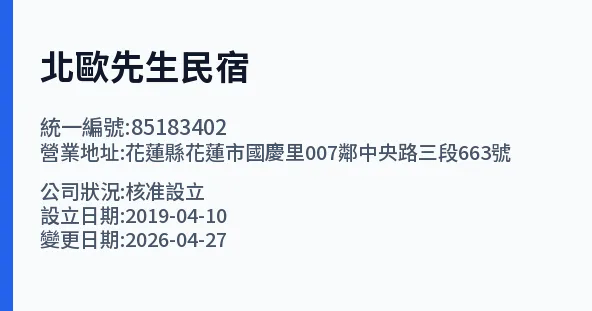 北歐先生民宿的照片-統編 85183402(花蓮縣) 公司登記資料與營業項目詳細圖表