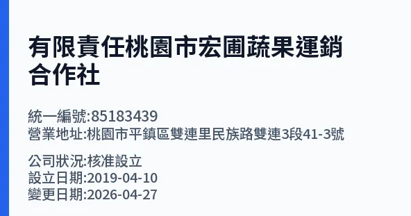 有限責任桃園市宏圃蔬果運銷合作社的照片-統編 85183439(桃園市) 公司登記資料與營業項目詳細圖表