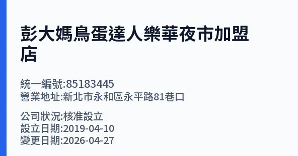 彭大媽鳥蛋達人樂華夜市加盟店的照片-統編 85183445(新北市) 公司登記資料與營業項目詳細圖表