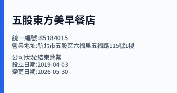 五股東方美早餐店的照片-統編 85184015(新北市) 公司登記資料與營業項目詳細圖表