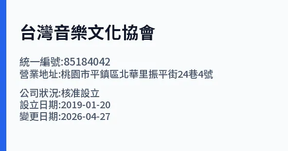 台灣音樂文化協會的照片-統編 85184042(桃園市) 公司登記資料與營業項目詳細圖表