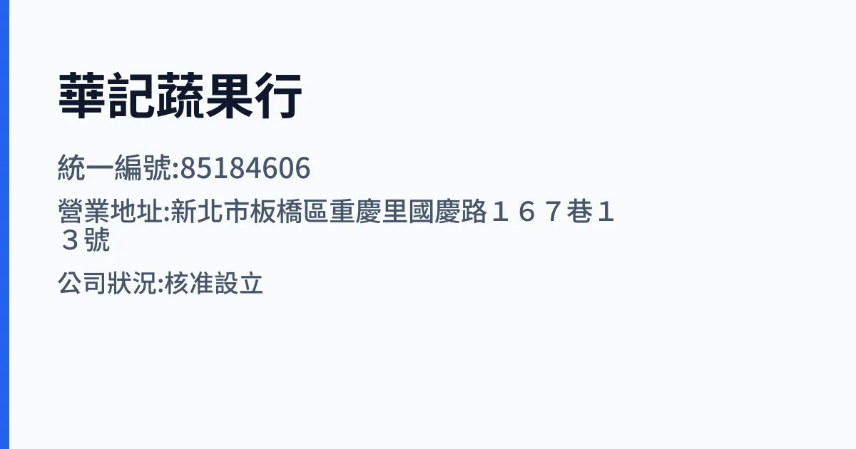 華記蔬果行 - 統編 85184606(新北市) 公司登記資料與營業項目詳細圖表