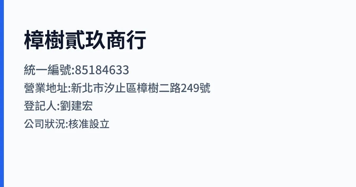 樟樹貳玖商行 - 統編 85184633(新北市) 公司登記資料與營業項目詳細圖表