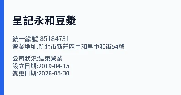 呈記永和豆漿的照片-統編 85184731(新北市) 公司登記資料與營業項目詳細圖表