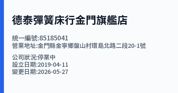 德泰彈簧床行金門旗艦店的照片-統編 85185041(金門縣) 公司登記資料與營業項目詳細圖表