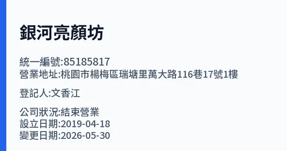 銀河亮顏坊的照片-統編 85185817(桃園市) 公司登記資料與營業項目詳細圖表
